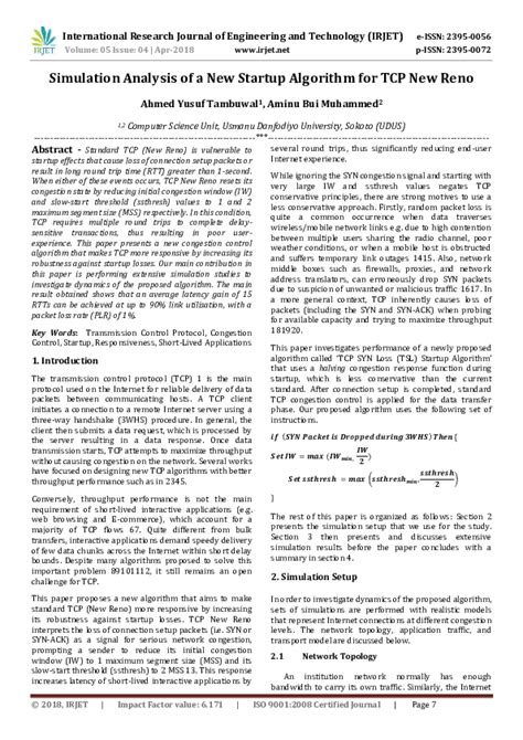 Pdf Simulation Analysis Of A New Startup Algorithm For Tcp New Reno