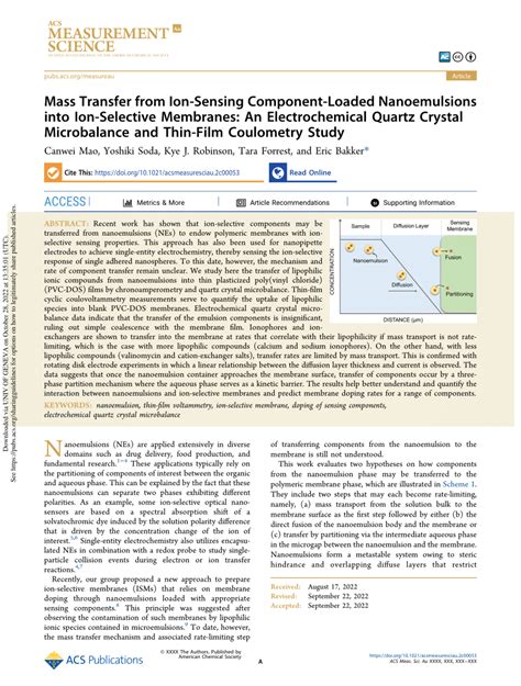 Pdf Mass Transfer From Ion Sensing Component Loaded Nanoemulsions Into Ion Selective Membranes