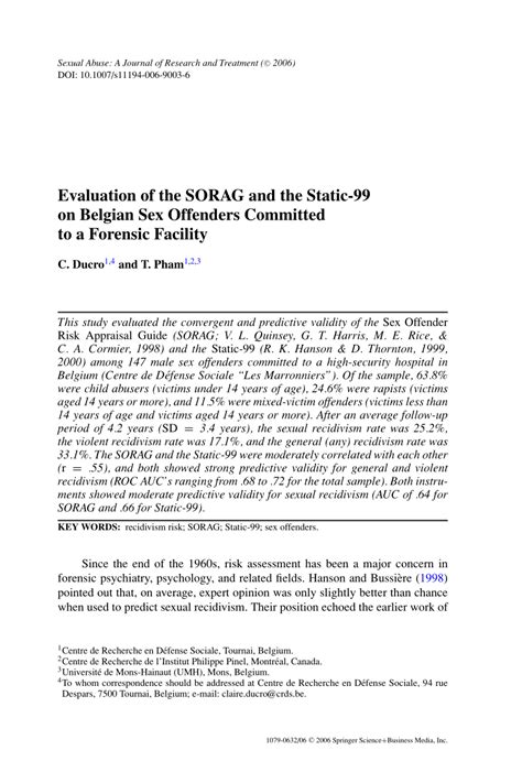 Pdf Evaluation Of The Sorag And The Static 99 On Belgian Sex Offenders Committed To A Forensic