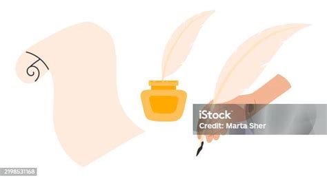 낡은 종이와 깃털 롤 잉크병과 잉크병 세계 시의 날 또는 연극의 날 스티커 흰색 배경에 고립 된 평면 벡터 일러스트 레이 션 개념에 대한 스톡 벡터 아트 및 기타 이미지