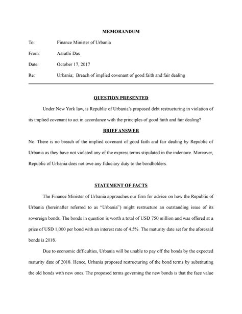 Objective Legal Memo Example Memorandum To Finance Minister Of