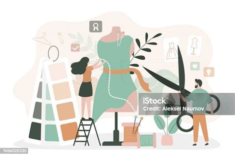 마네킹에 옷을 입는 여자 재봉사 옷을 바느질하는 과정 패션 스튜디오 재봉 용 액세서리 피팅 용 대형 거울 작업장 직장에서 양장점