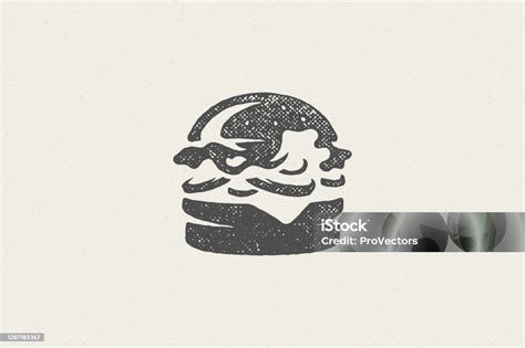 버거 실루엣로 로고 패스트 푸드 서비스 핸드 그린 스탬프 효과 벡터 일러스트 햄버거 류에 대한 스톡 벡터 아트 및 기타 이미지