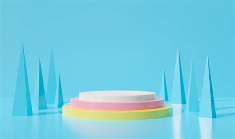 스튜디오 룸에서 파란색 파스텔 배경 추상 기하학적 모양에 3d 흰색 연단 창의적인 아이디어는 최소화됩니다 무대 받침대 우승자 디스플레이 제품 모형 디자인을위한 귀여운 3d