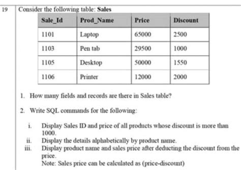 How Many Fields And Records Are There In Sales Table Write Sql Commands