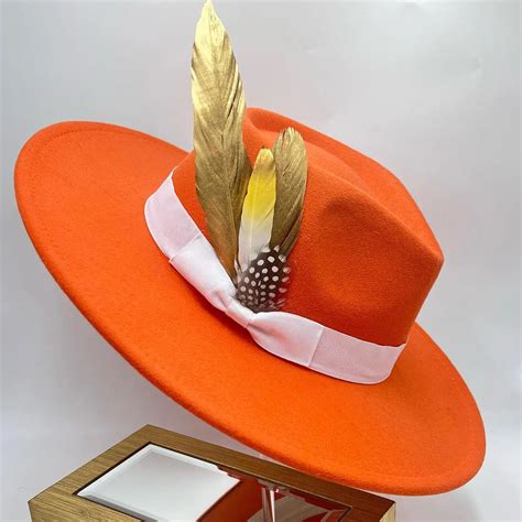 오렌지 페도라 모자 95cm 가장자리 깃털 액세서리 넓은 챙 재즈 모자 여성 모조 페도라 모자 남성 패션 파나마 모자 결혼식 Aliexpress