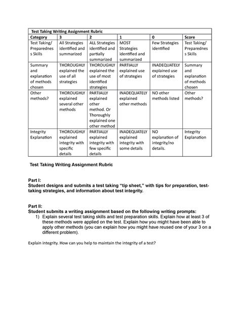 Test Taking Writing Assignment Rubric Test Taking Writing Assignment