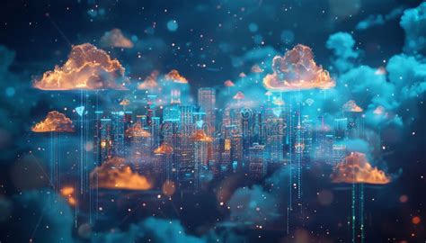 Futuristic Cityscape With Glowing Clouds And Data Streams Concept Of Digital Transformation By