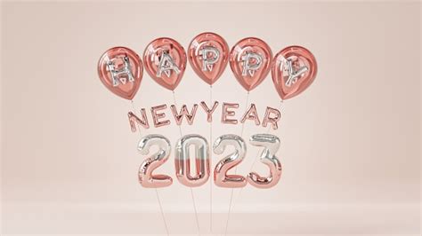 3d 렌더링 새해 복 많이 받으세요 2023 텍스트 풍선 금속 로즈 골드와 실버 파스텔 핑크 배경 12월 31일에 대한 스톡