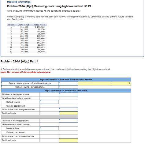 Solved Problem 21 1A Algo Measuring Costs Using High Low Chegg Com