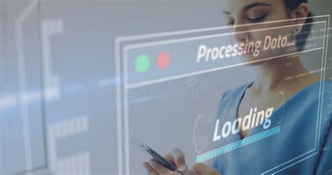 processing data and loading animation over woman using smartphone stock