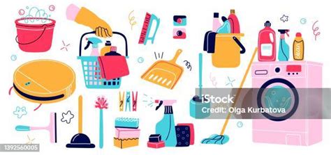 청소 용품 아이콘입니다 하우스 키핑 객체 세척 브러시 양동이 가전 제품 로봇 진공 청소기 세탁기 세제 화학 물질과 스폰지 벡터 만화 플랫 세트 개체 그룹에 대한 스톡 벡터