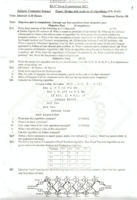 Bs 4th Term Design And Analysis Of Algorithms Past Paper 2017