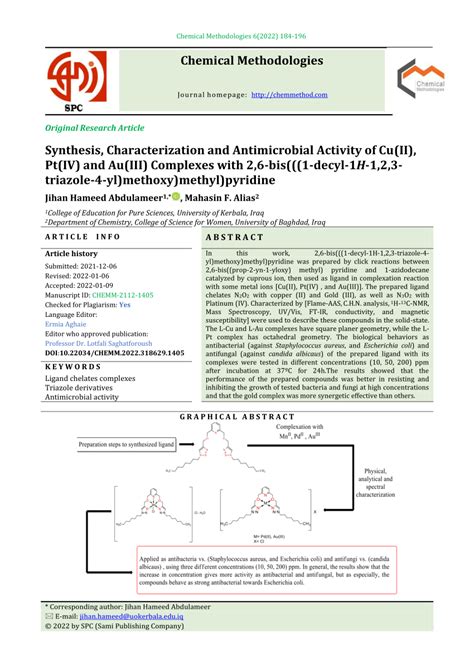 Pdf Chemical Methodologies Synthesis Characterization And Antimicrobial Activity Of Cuii