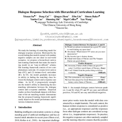 Dialogue Response Selection With Hierarchical Curriculum Learning Acl Anthology