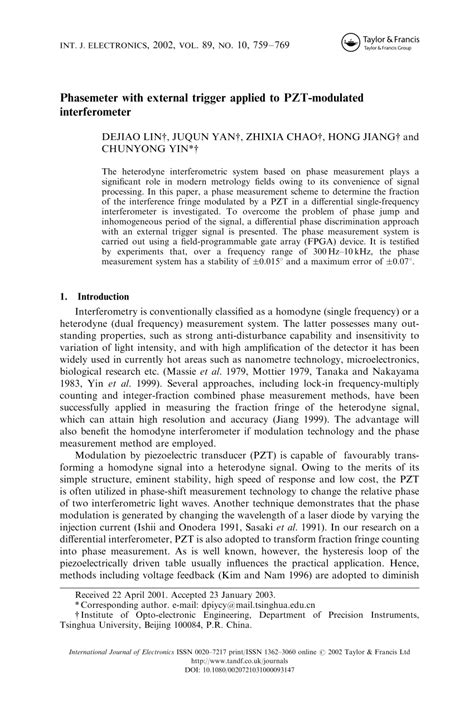 Pdf Phasemeter With External Trigger Applied To Pzt Modulated Interferometer