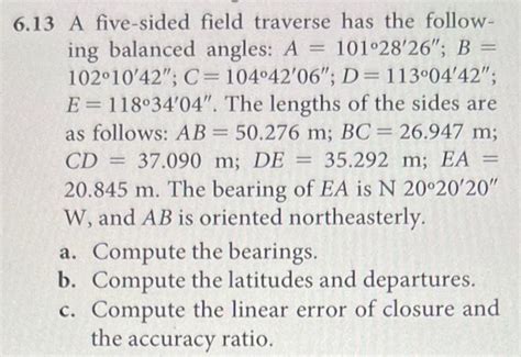 solved 13 a five sided field traverse has the following