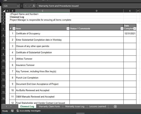 construction project closeout checklist and warranty template etsy