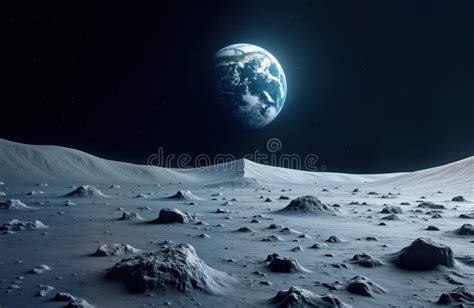 Lunar Landscape View Of Moon Surface Earth Visible In Dark Night Sky Rocky Terrain Craters