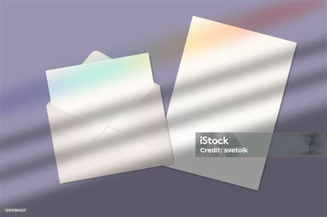 무지개 렌즈 플레어그림자 오버레이 효과가 있는 봉투에 있는 사실적인 빈 A4 용지 시트와 문자 창문의 블라인드에서 햇빛이 들어오는 투명한 부드러운 그림자 벡터 모형