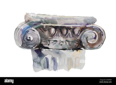 Abstract Watercolor Ionic Column Isolated On White Background In Grey And Blue Colors Stock Abstract Watercolor Ionic Column Isolated On White Background In Grey And Blue Colors Stock