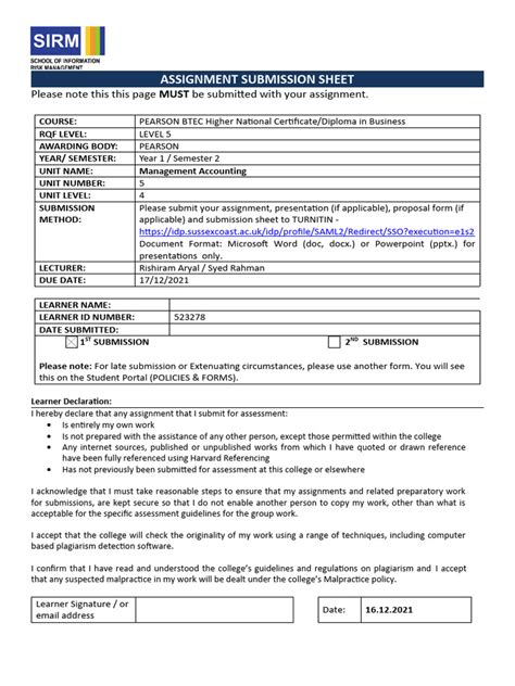 Assessment Submission Sheet Unit 5 Attempt 1 Copie Pdf Turnitin