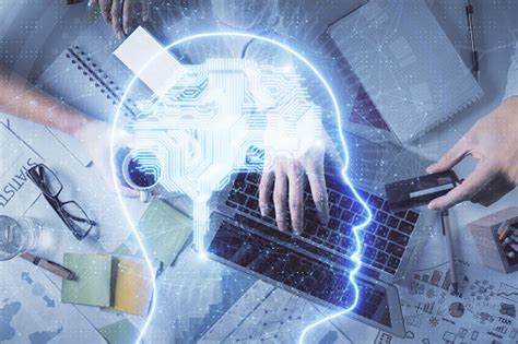 함께 일하는 남자와 여자의 이중 노출과 인간의 뇌 홀로그램 그리기 브레인스토밍 컨셉 컴퓨터 배경입니다 맨 위 보기 인공지능에