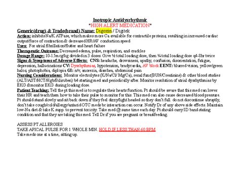 Digoxin Drug Info Inotropic Antidysrhythmic High Alert Medication Generic Drug And Trade Brand