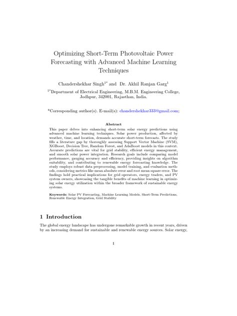 Optimizing Short Term Photovoltaic Power Forecasting With Advanced Machine Learning Techniques