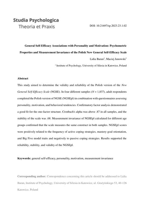 Pdf General Self Efficacy Associations With Personality And Motivation Psychometric