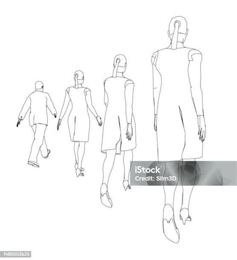 흰색 배경에 격리된 검은색 선의 줄로 걷는 사람들의 윤곽선 한 남자와 세 여자 뒷모습 벡터 그림입니다 그리기에 대한 스톡 벡터 아트 및 기타 이미지 Istock
