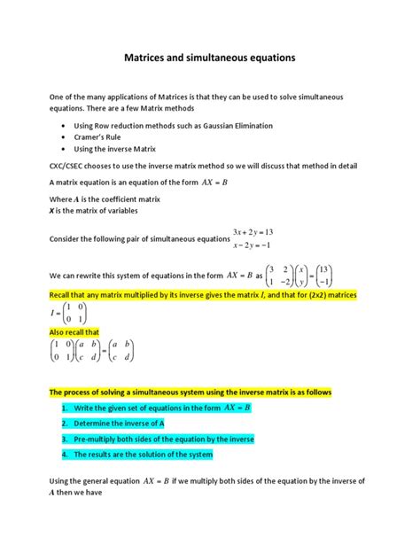 Matrices And Simultaneous Equations For The Web Pdf Pdf Matrix Mathematics Determinant