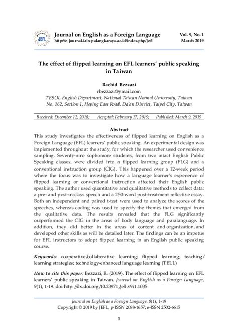Pdf The Effect Of Flipped Learning On Efl Learners Public Speaking In Taiwan The Effect Of