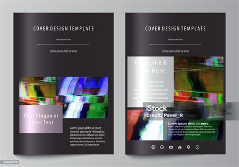 브로셔 전단 보고서에 대 한 비즈니스 템플릿입니다 커버 디자인 A4 크기에 추상 벡터 레이아웃 Glitched 배경 픽셀 다채로운 모자이크의 만든입니다 디지털 치 신호 오류