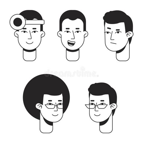 Happy Short Haired Men Flat Line Monochromatic Vector Character Heads Set Stock Vector