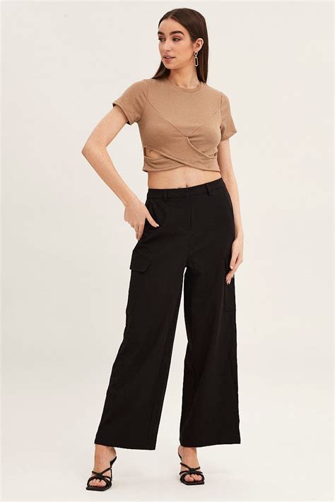 Brown Crop Top Short Sleeve Rib Ally Fashion