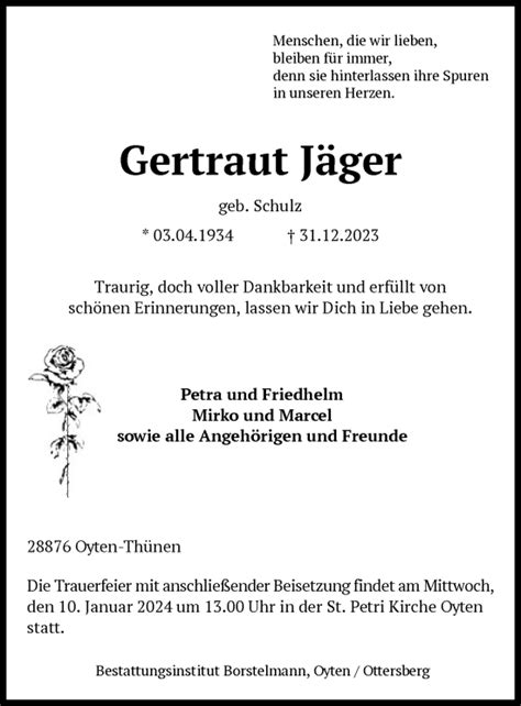 Traueranzeigen Von Gertraut Jäger Trauerkreiszeitungde