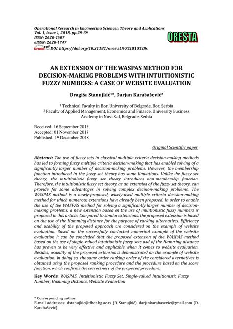 Pdf An Extension Of The Waspas Method For Decision Making Problems