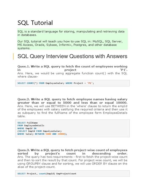 sql tutorial sql query interview questions with answers pdf sql