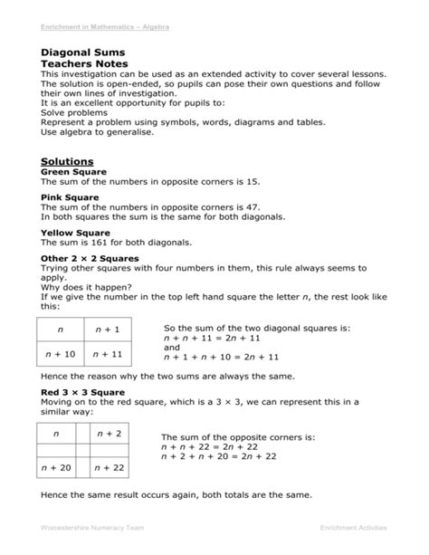 Diagonal Sums Y A