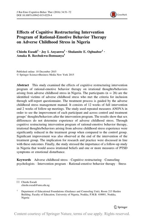 Effects Of Cognitive Restructuring Intervention Program Of Rational Emotive Behavior Therapy On