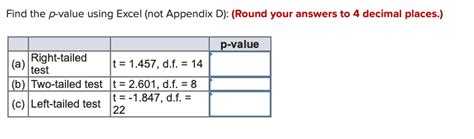 solved find the p value using excel not appendix d round