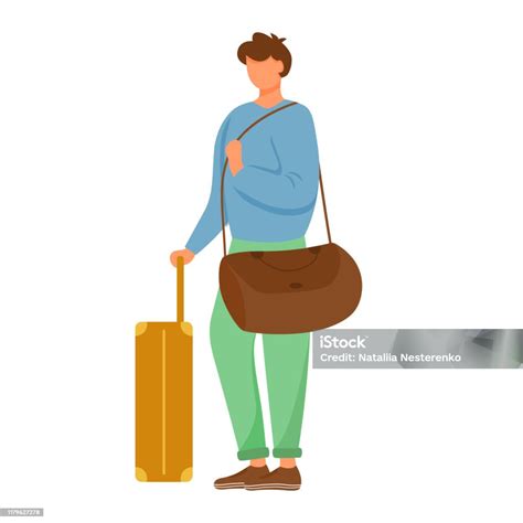 남자 여행자 플랫 벡터 그림입니다 휴가 투어 수하물을 가진 남성 백인 전신 남자 서 가방 에 가방 에 어깨와 가방 고립 된 만화