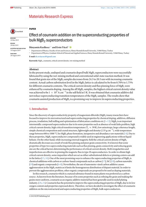 Pdf Effect Of Coumarin Addition On The Superconducting Properties Of Bulk Mgb2 Superconductors