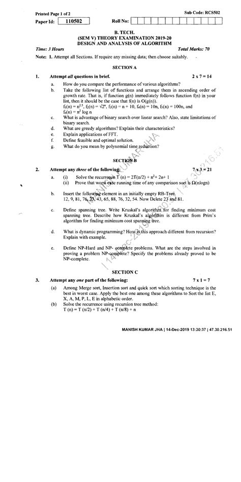 Design AND Analysis OF Algorithm RCS B Tech Studocu