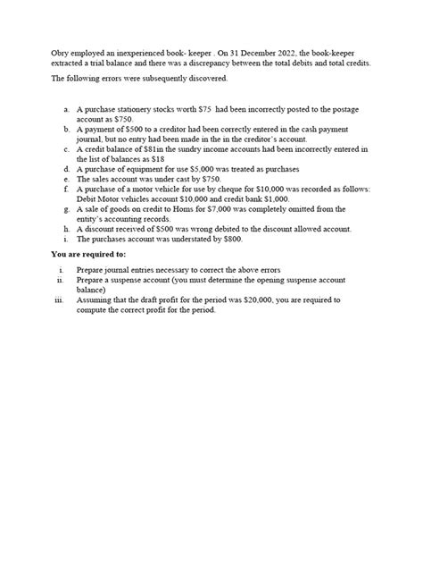 Errors That Can Be Revealed By A Trial Balance Exercise 1 Pdf