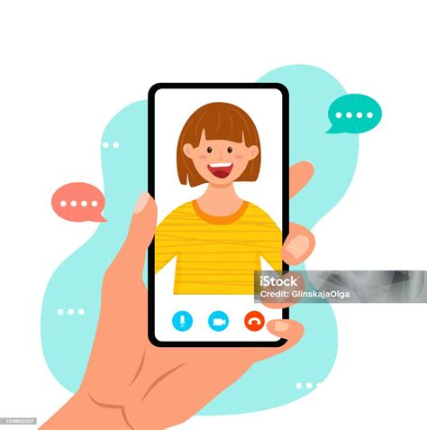 화상 통화 벡터 일러스트레이터 화면에 웃는 여자와 스마트 폰을 들고 남성 손 웹 사이트 광고 및 배너를 위한 스마트폰 컨셉으로 온라인으로 채팅하는 비디오 개념에 대한 스톡
