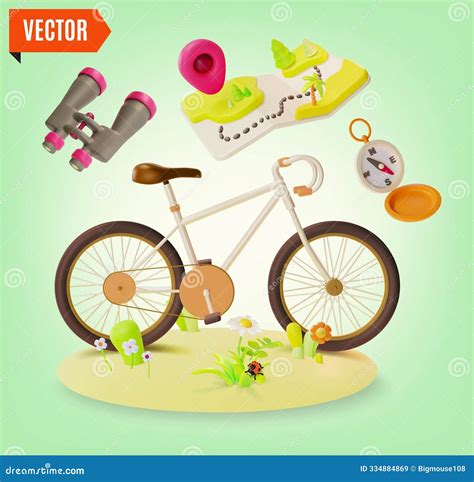 3d Travel And Tourism Concept Bicycle Binoculars Compass And Map Cartoon Design Style Vector