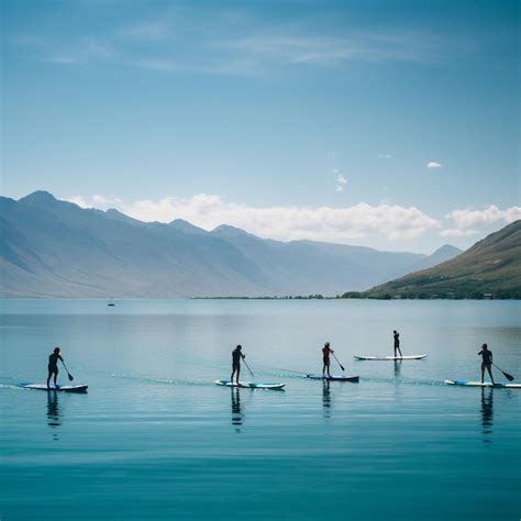 Un Grupo De Personas Remando En Un Lago Con Montañas Al Fondo Foto