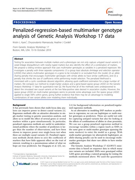 Pdf Penalized Regression Based Multimarker Genotype Analysis Of